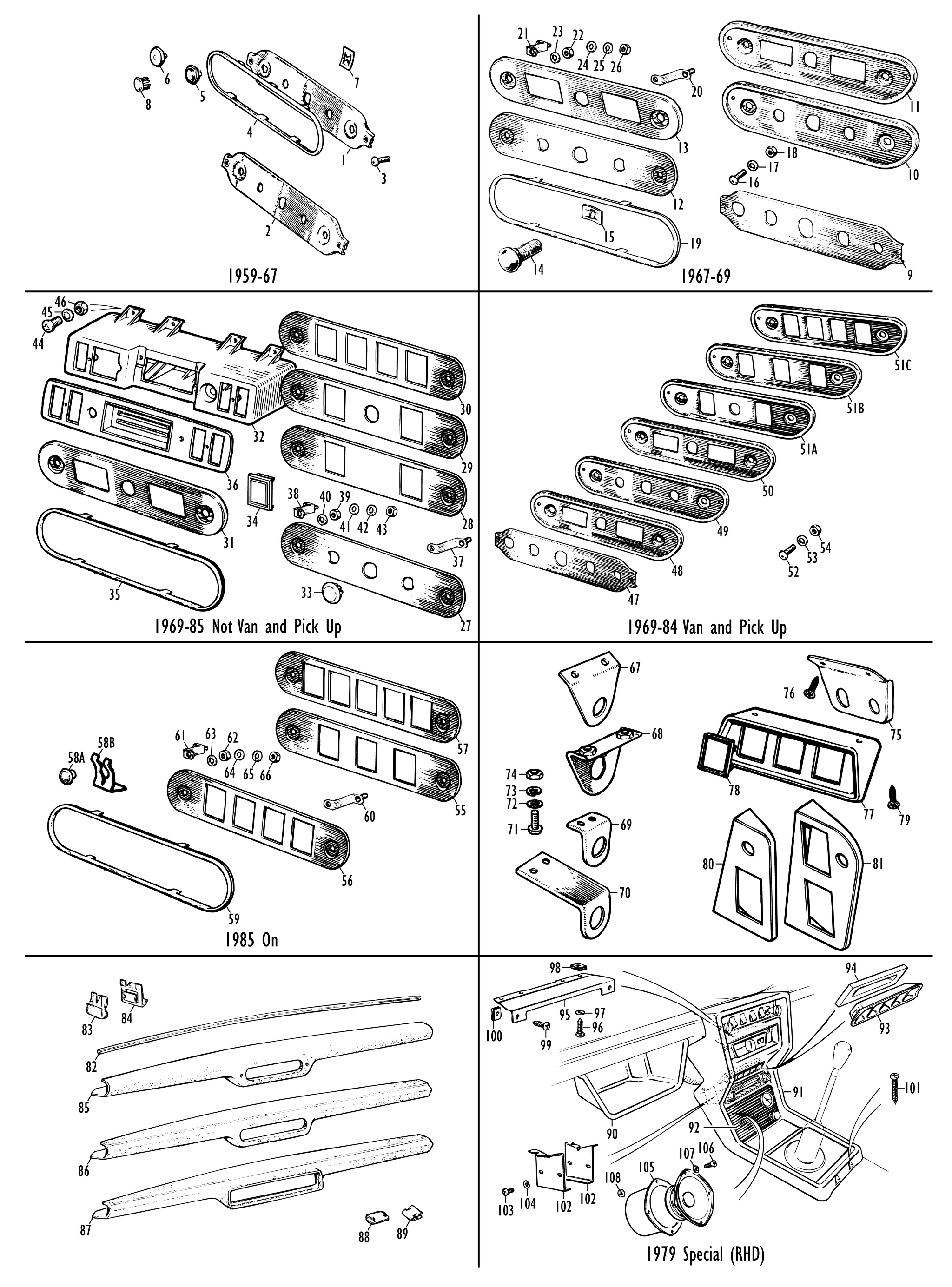 Fascias - switch panel, front parcel shelf and console : Somerford Mini ...