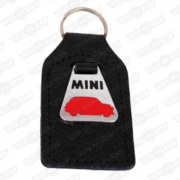 KEY FOB- BLACK LEATHER, RED MINI SHAPE EMBLEM : Somerford Mini - Mini Sp...